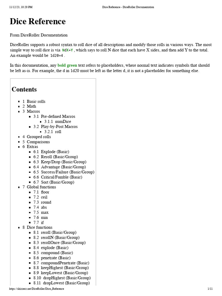 Dice Reference - DiceRoller Documentation | PDF | Dice | Function (Mathematics)