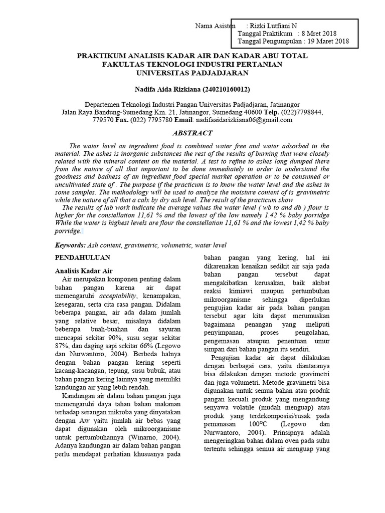 Praktikum Analisis Kadar Air Dan Kadar Abu Total | PDF | Sains & Matematika