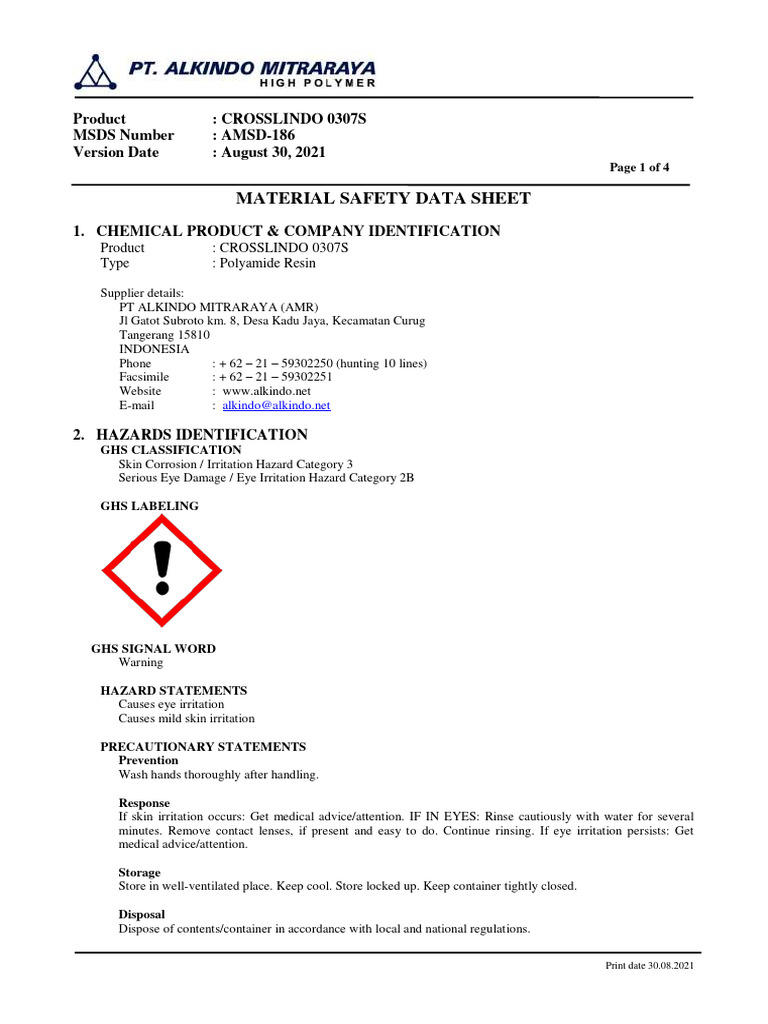 MSDS CROSSLINDO 0307S | PDF | Dangerous Goods | Water