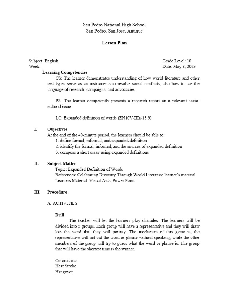 Altar Final Demo Lesson Plan SPNHS | PDF | Bullying | Learning