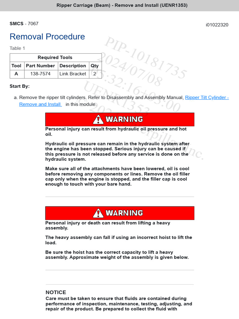 Ripper Carriage (Beam) - Remove and Install (UENR1353) | PDF | Mechanical Engineering ...