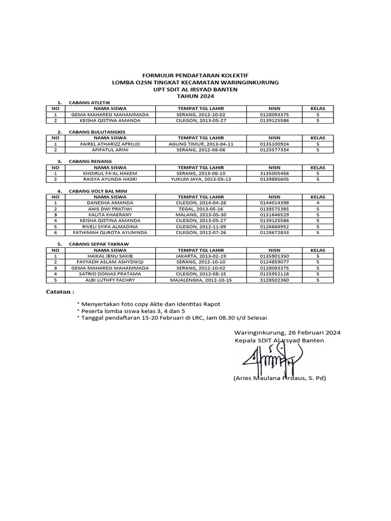 Form Pendaftaran O2SN 2024 | PDF