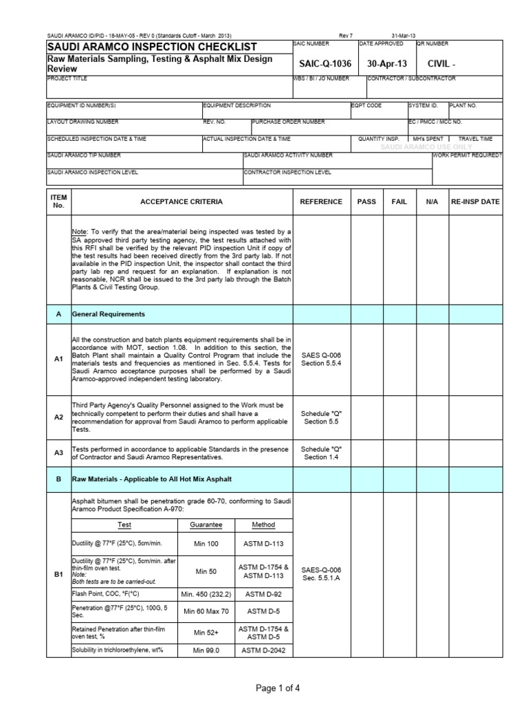 SAIC-Q-1036 Rev 7 Raw Material Sampling, Testing & Asphalt Mix Design ...