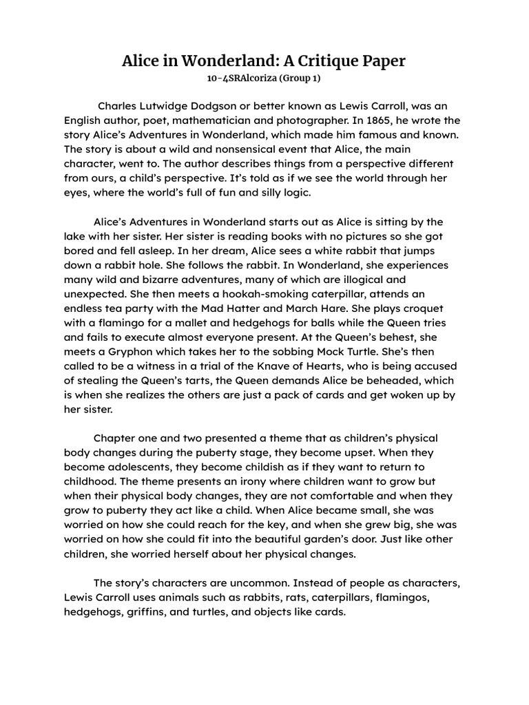 Alice in Wonderland - A Critique Paper | PDF | Alice's Adventures In ...