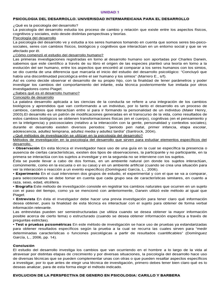UNIDAD 1 Psicologia Del Desarrollo | PDF | Sicología | Estudios de género