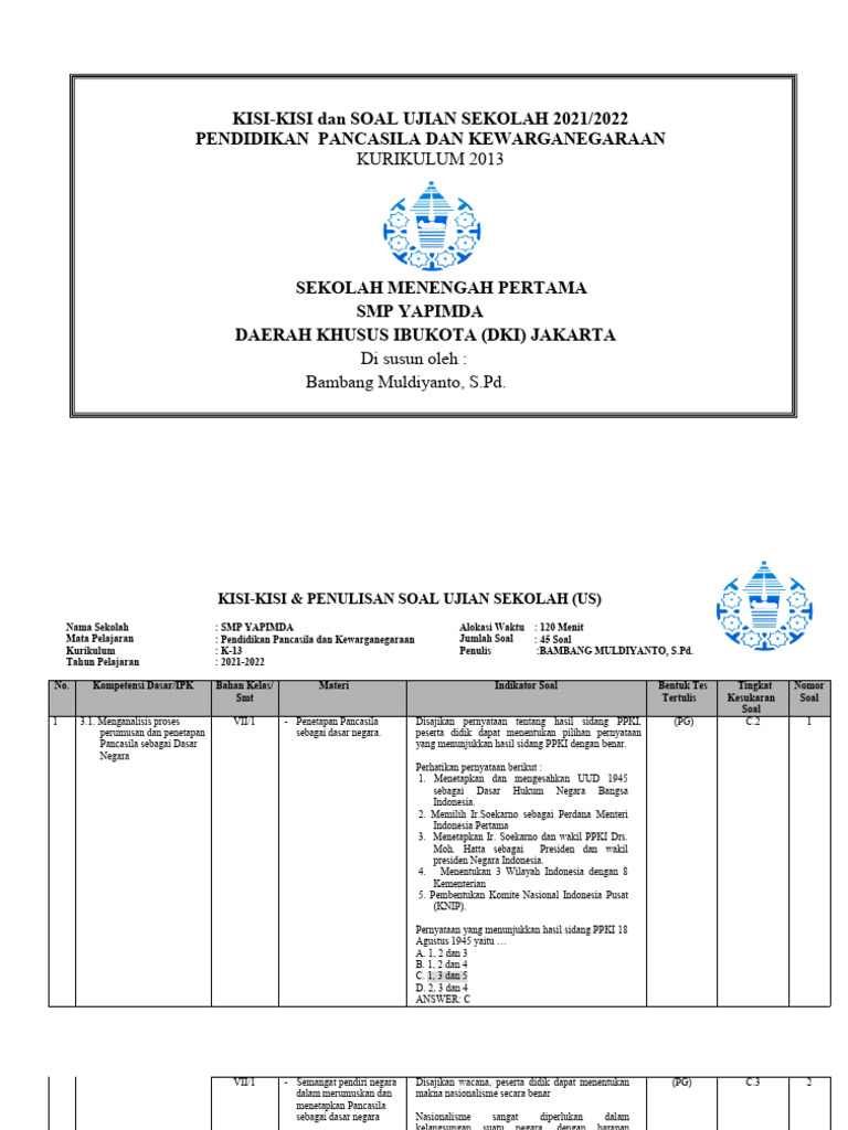 SOAL-KISI-KISI - US - PPKN - SMP | PDF