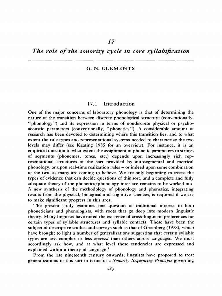 Clements 1991 The Role of The Sonority Cycle in Core Syllabification | PDF | Syllable | Phonology