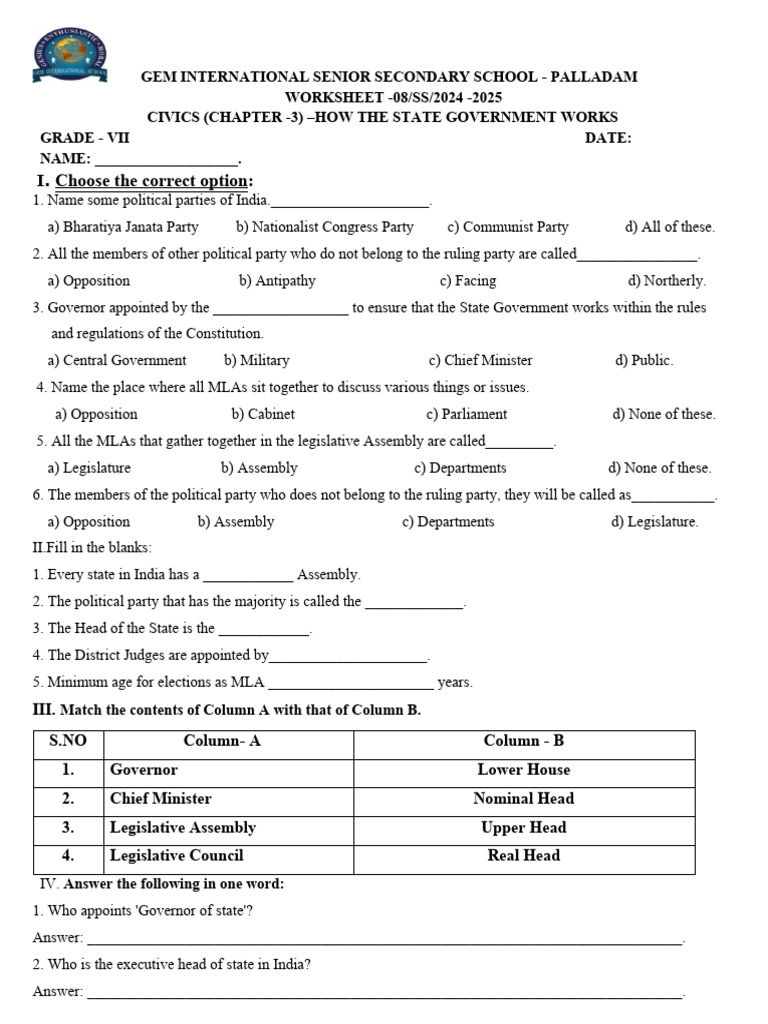 Grade 7 Civics Work Sheet - 8 | PDF | Governance | Political Charters