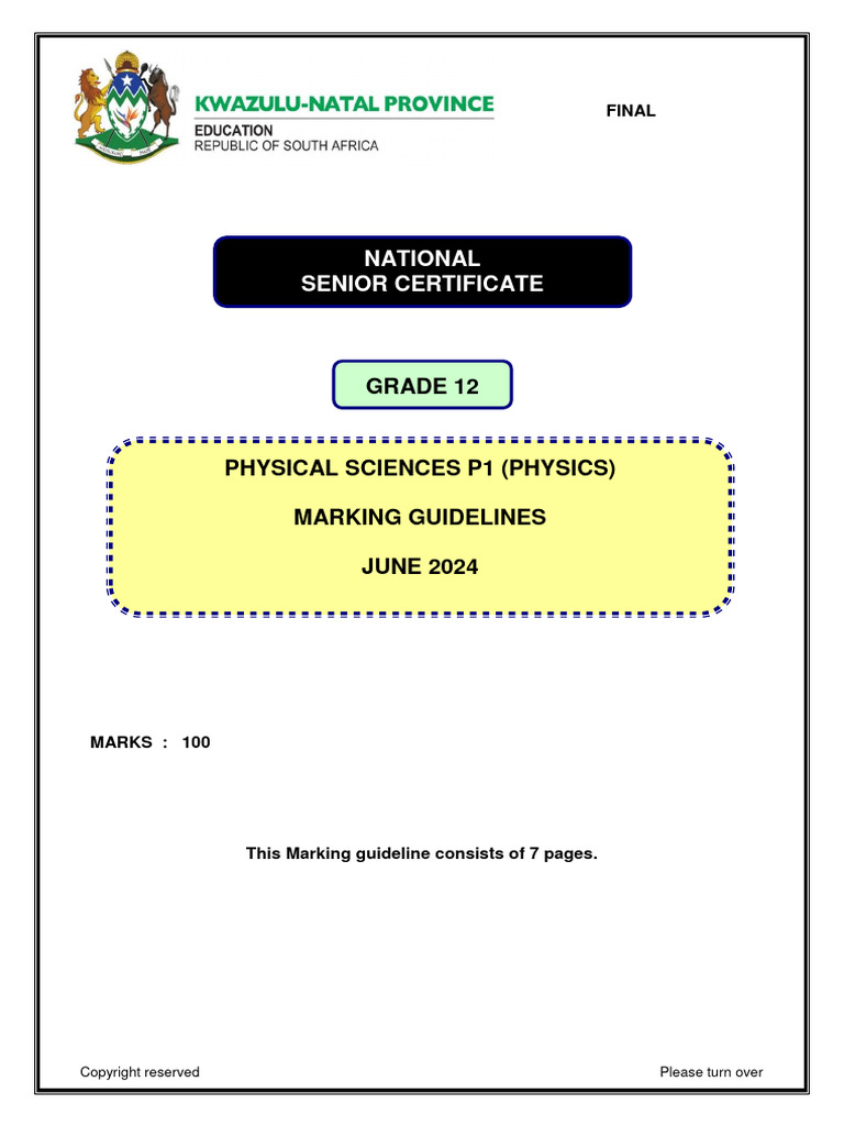 Physical Sciences P1 June Memo GR 12 June 2024 - Moderated Version | PDF | Force | Physical Sciences
