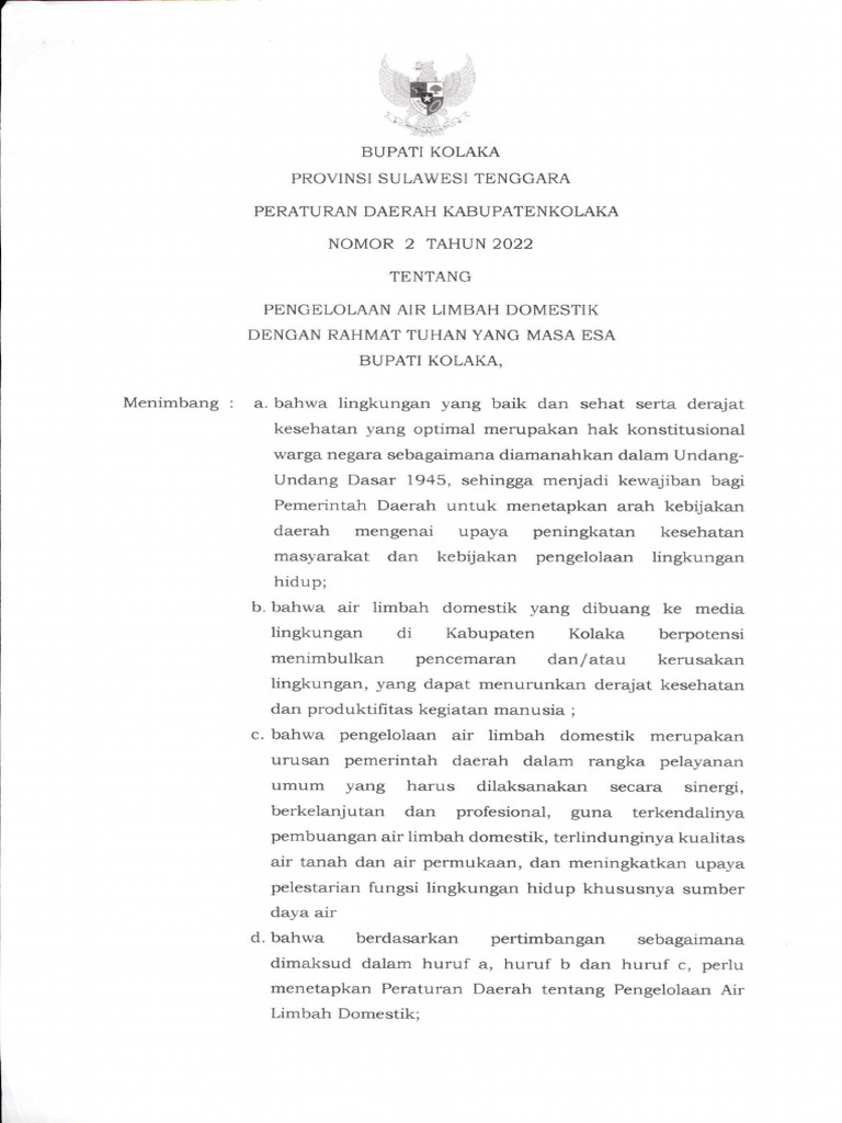 PERDA NOMOR 02 TAHUN 2022 TTG Pengelolaan Air Limbah Domestik | PDF