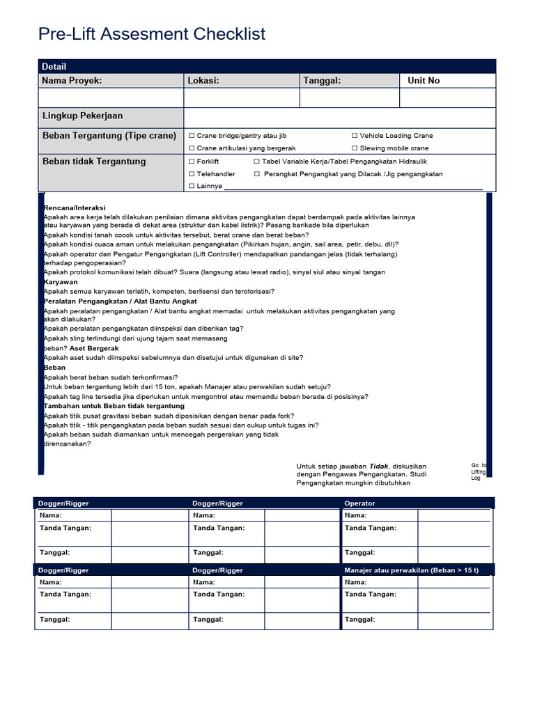 Pre-Lift Assesment & Log Book | PDF