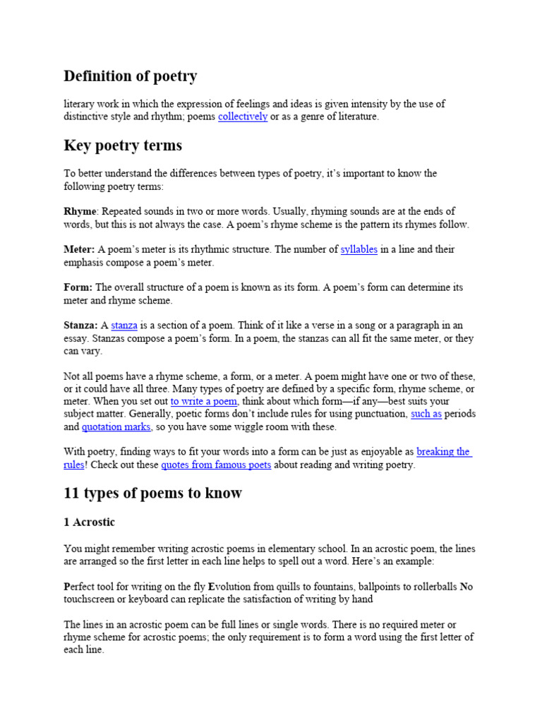 Types of Poetry | PDF | Poetry | Metre (Poetry)