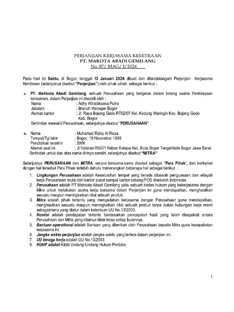 Contoh Perjanjian Kemitraan Pdf