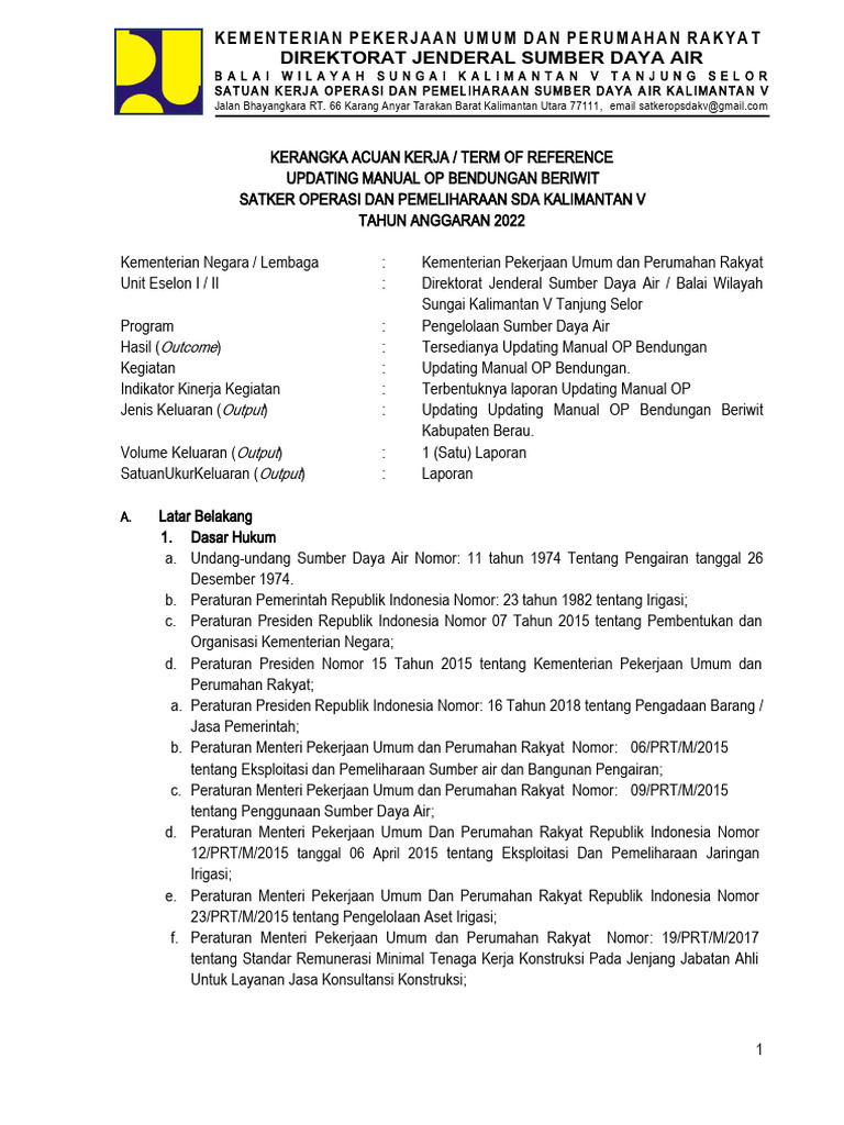 KAK MANUAL OP Bendungan Beriwit | PDF KAK MANUAL OP Bendungan Beriwit | PDF