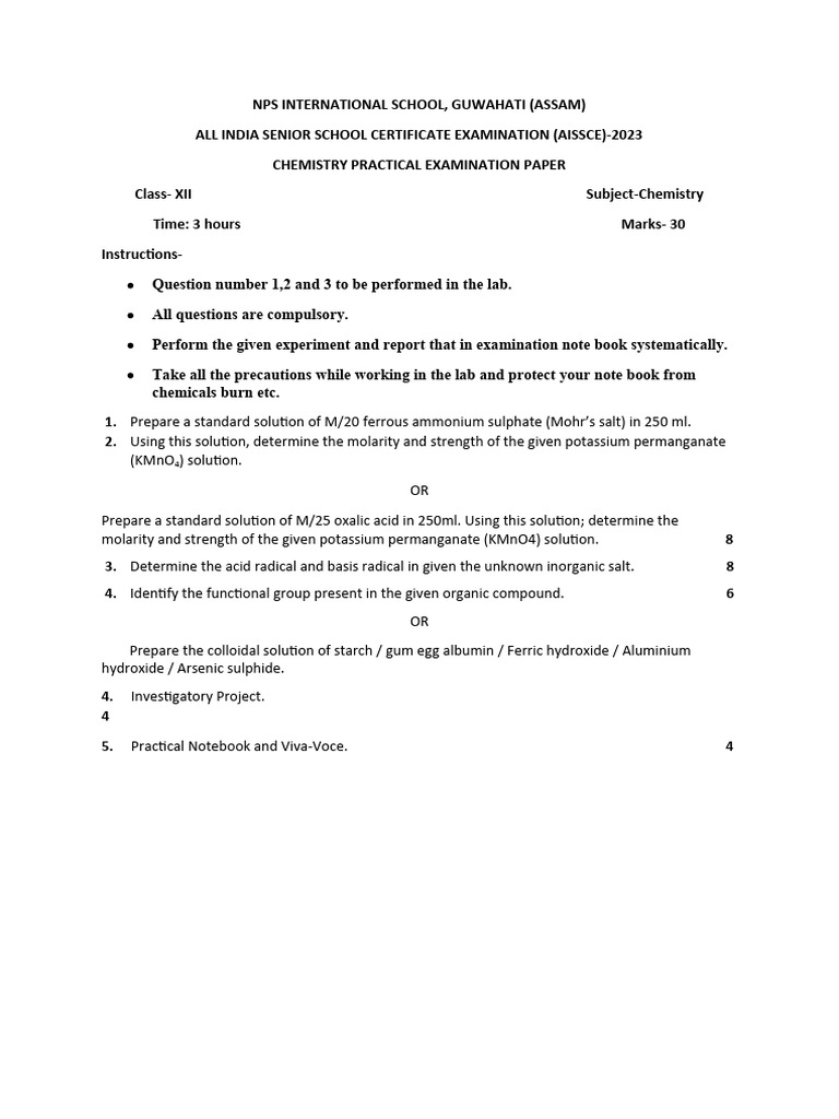 AISSCE 2023 Class XII Chemistry Practical | PDF