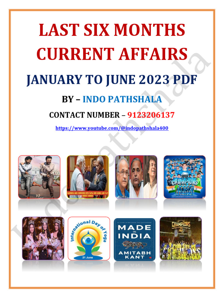 Last Six Months Jan To June 2023 Current Affairs | PDF | Travel | Wellness