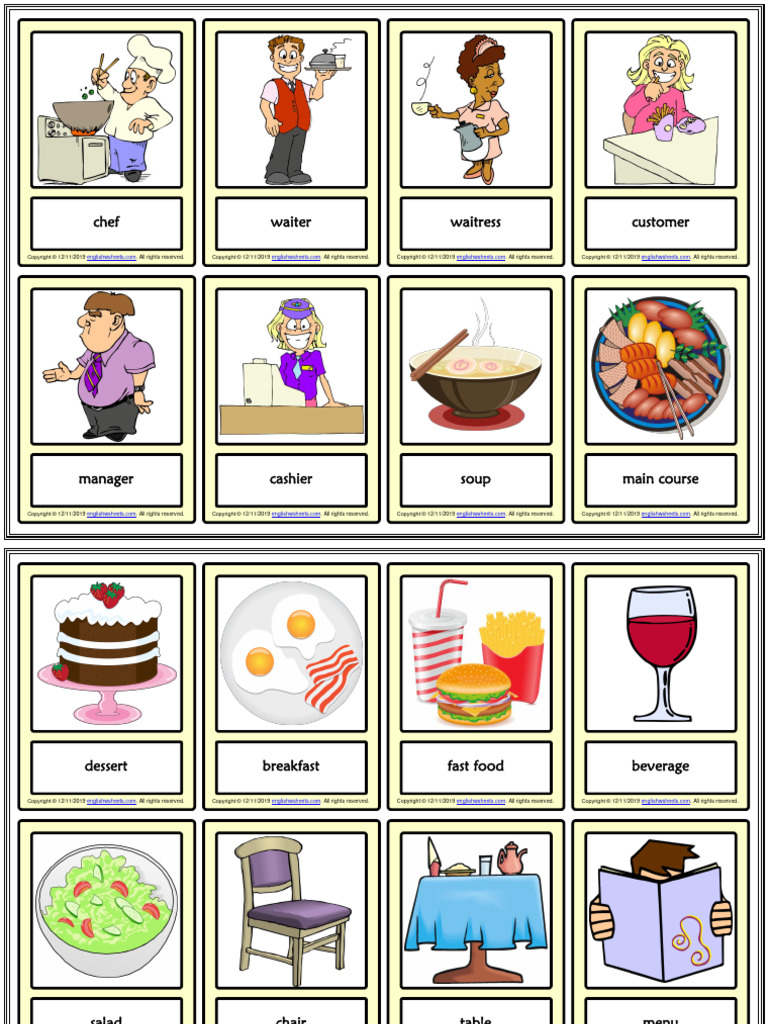 Restaurant Vocabulary Esl Printable Learning Cards For Kids | PDF ...