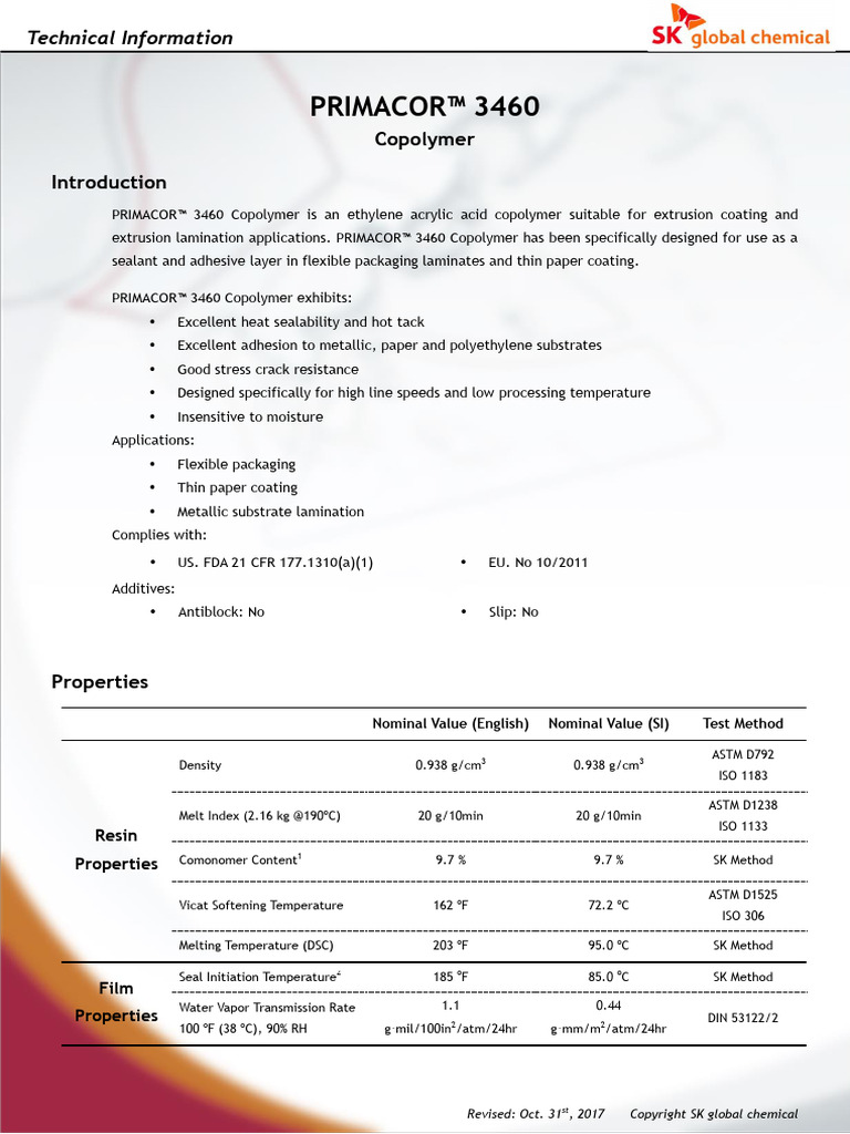 Technical Datasheet PRIMACOR 3460 Eng | PDF | Extrusion | Strength Of Materials