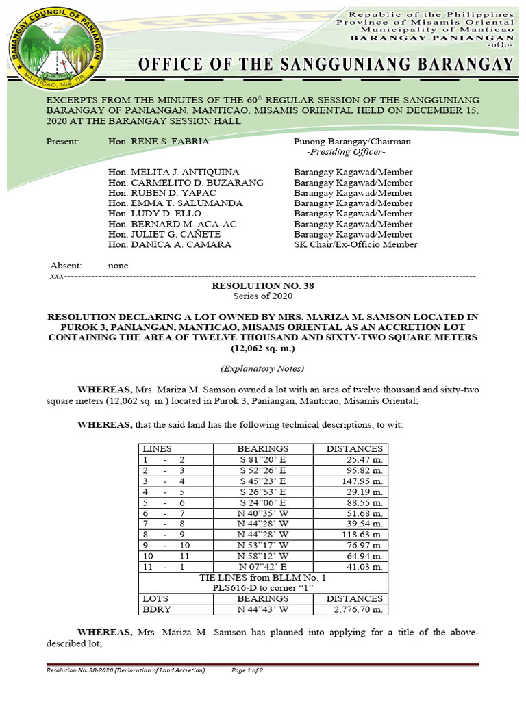 Resolution No. 38-2020 (Declaration of Land Accretion) | PDF