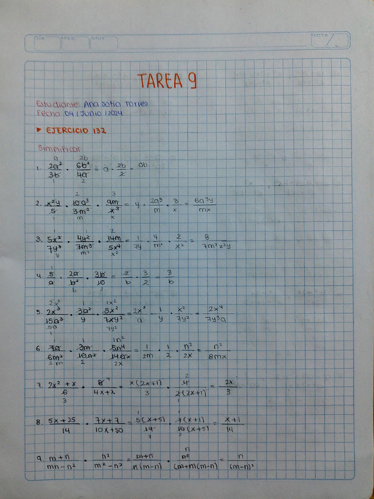 Tarea 9 (Multiplicación de Fracciones Algebraicas) Ana Sofía Torres | PDF