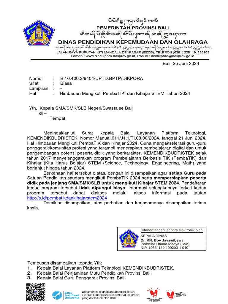 Himbauan Mengikuti PembaTIK dan Kihajar STEM Tahun 2024 | PDF