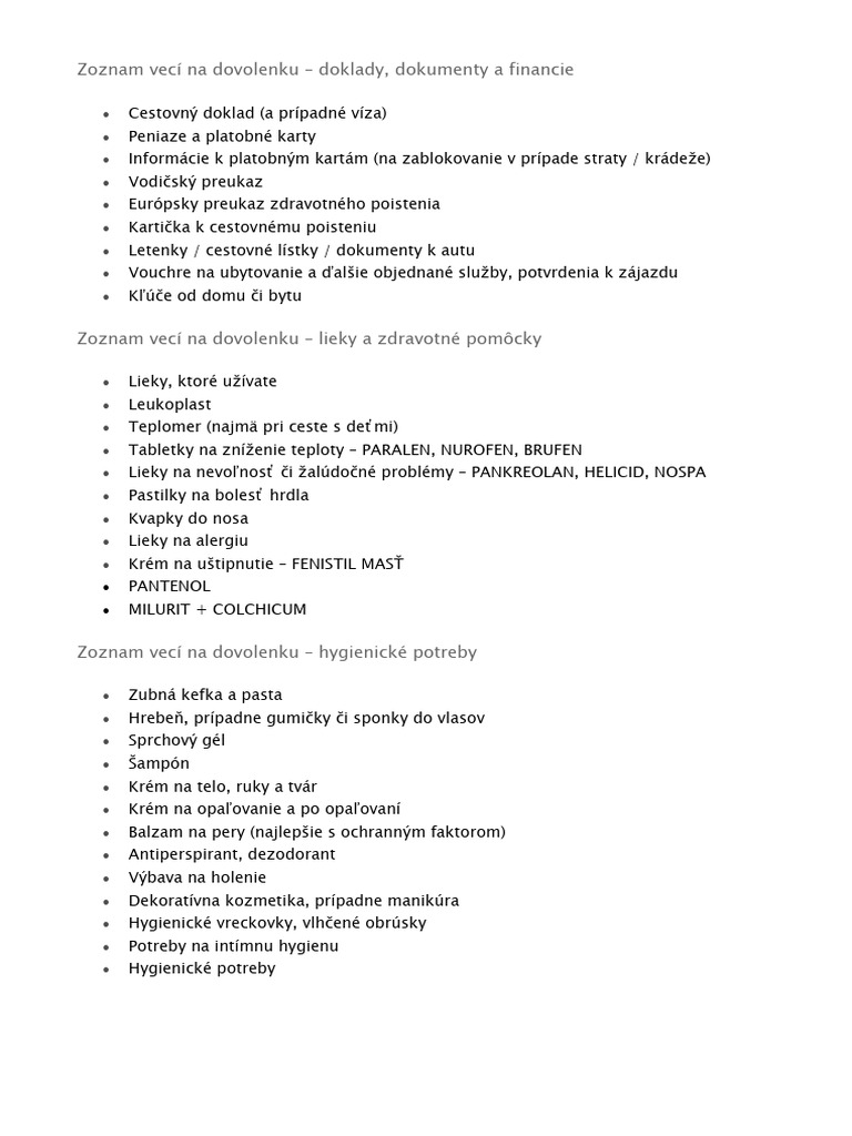 Zoznam Vecí Na Dovolenku | PDF