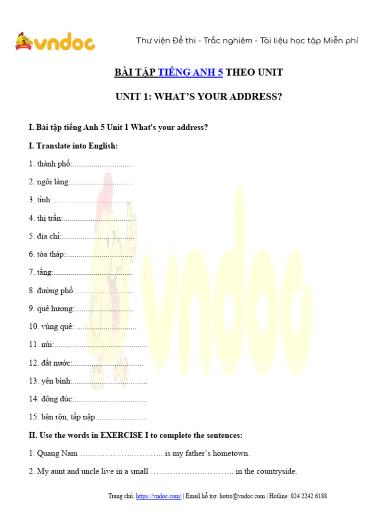 Bai Tap Tieng Anh Lop 5 Chuong Trinh Moi Unit 1 What S Your Address | PDF | Vietnam