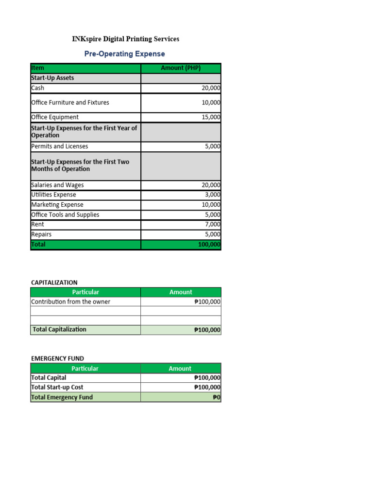 INKspire Digital Printing Startup Costs | PDF | Equity (Finance) | Expense