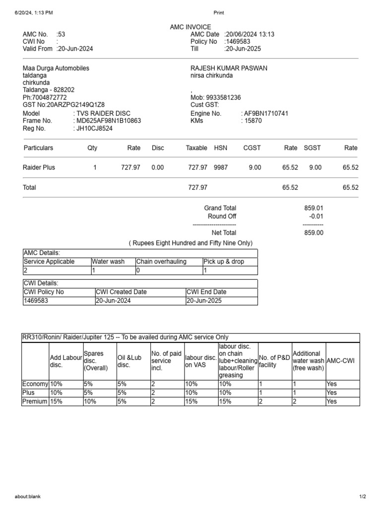 AMC Invoice for TVS Raider Service | PDF | Throttle | Vehicle Technology