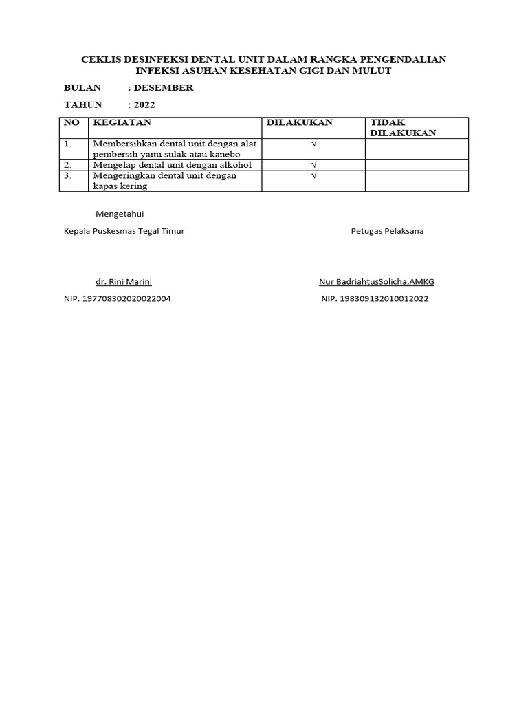 Ceklis Desinfeksi Dental Unit Dalam Rangka Pengendalian Infeksi Asuhan ...