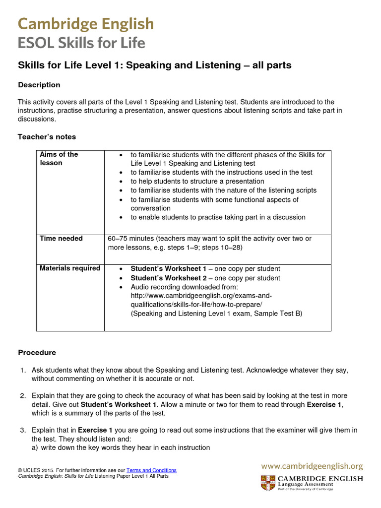 Skills for Life Level 1: Speaking & Listening | PDF | Cognition | Human ...