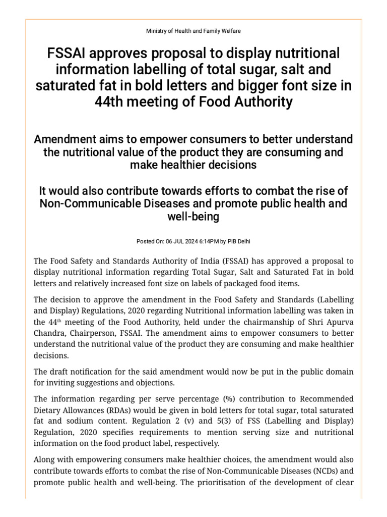 FSSAI | PDF | Nutrition Facts Label | Food Politics