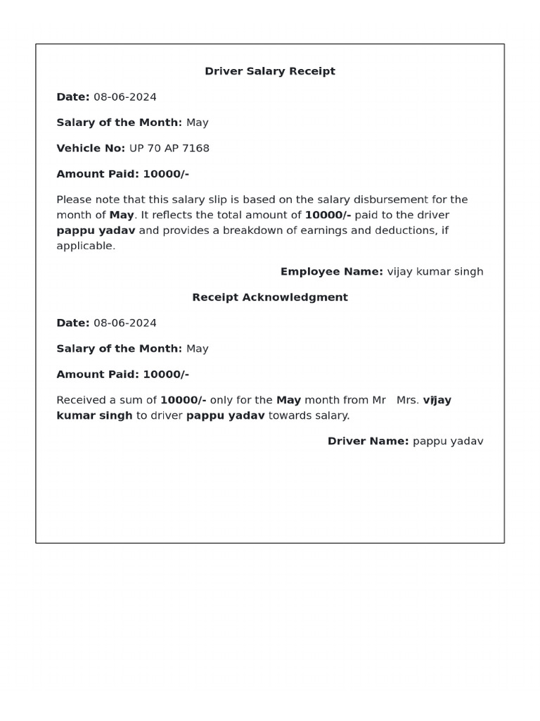 Driver Salary Slip May | PDF