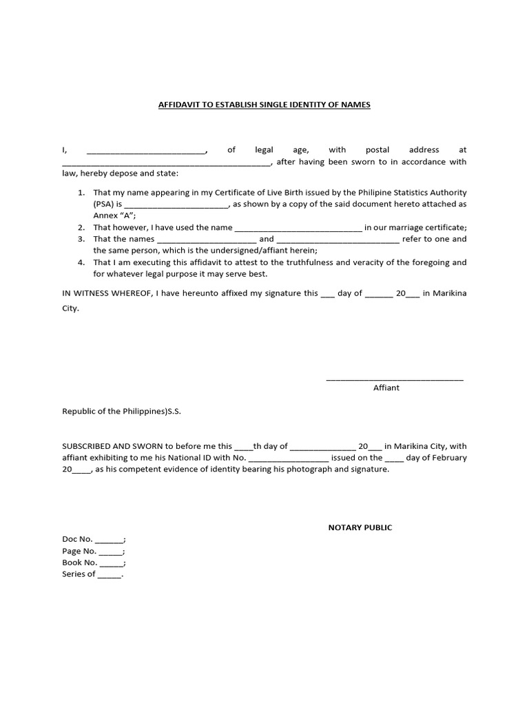 Sample Affidavit To Establish Single Identity of Names | PDF