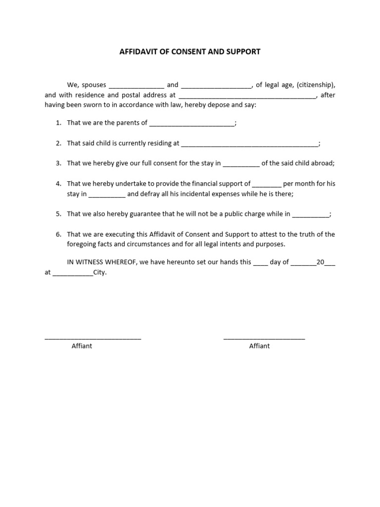 Sample Affidavit of Consent and Support | PDF