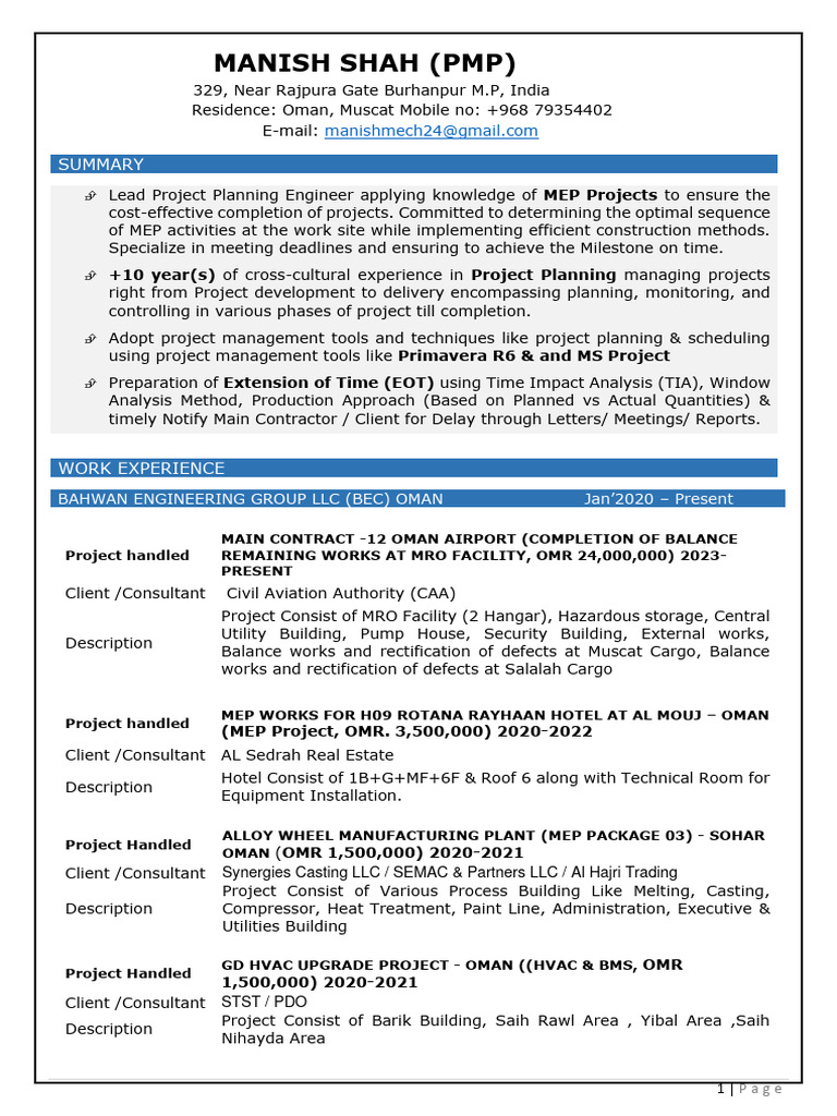 Planning Engineer - Manish Shah PMI-PMP - +10.0 Yr | PDF