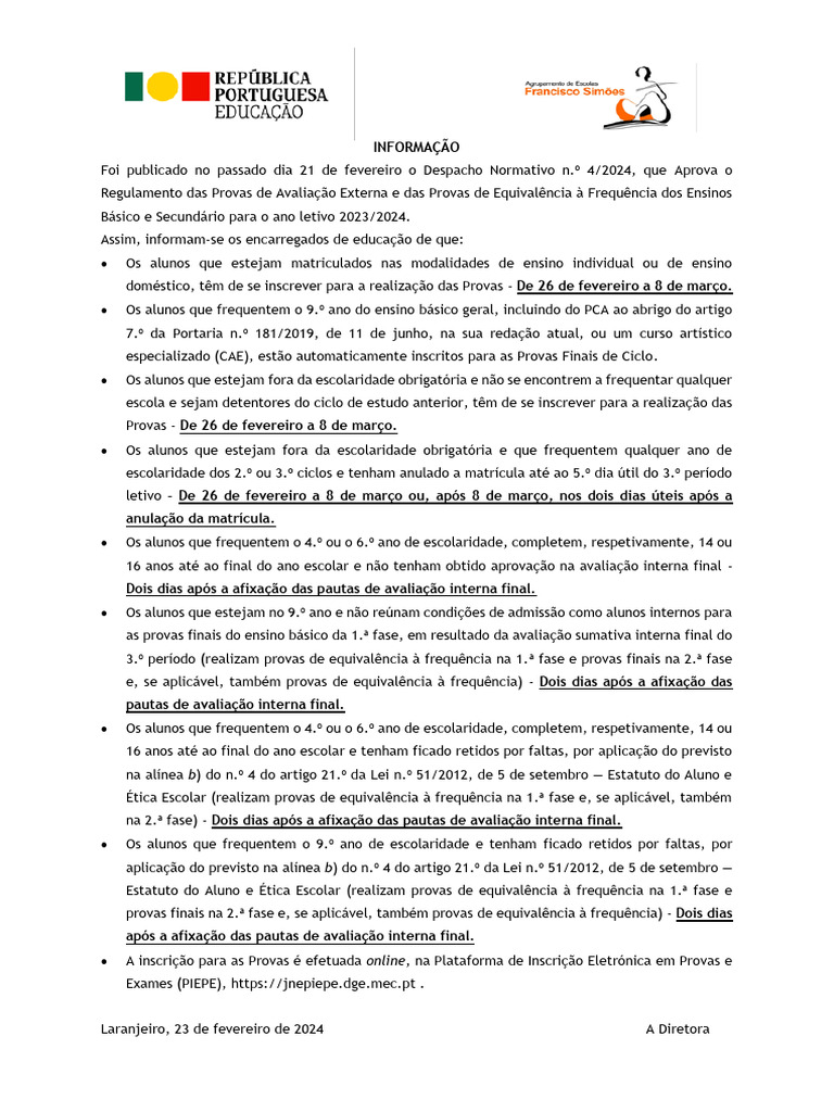 Informacao Provas Ensino Basico | PDF | Ensino médio