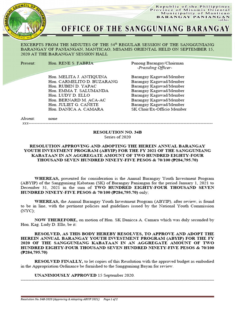 Resolution No. 34B-2020 (Approving ABYIP2021) | PDF | Government ...