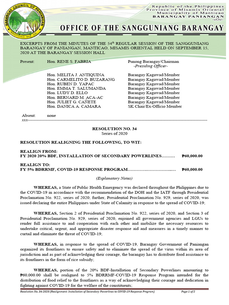 Resolution No. 34-2020 (Budgetary Realignment To Food Relief) | PDF | Government