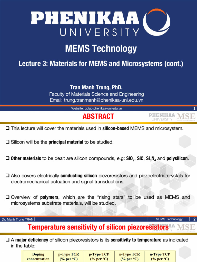 (MEMS Technology) - Lecture 3. Materials For MEMS (Cont.) - Week 3 | PDF | Piezoelectricity ...