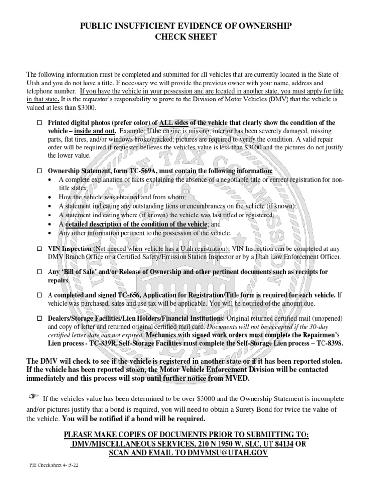 Public Insufficient Evidence of Ownership Check Sheet | PDF | Department Of Motor Vehicles