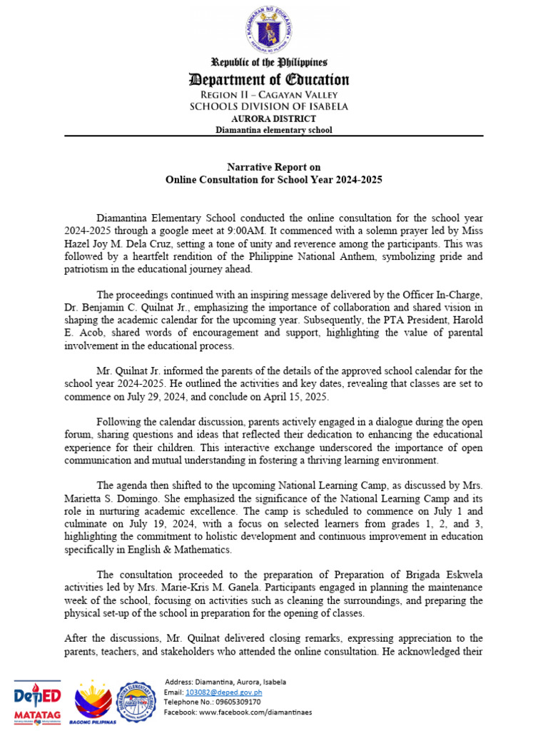 NARRATIVE REPORT ON CONSULTATION | PDF | Human Communication | Learning