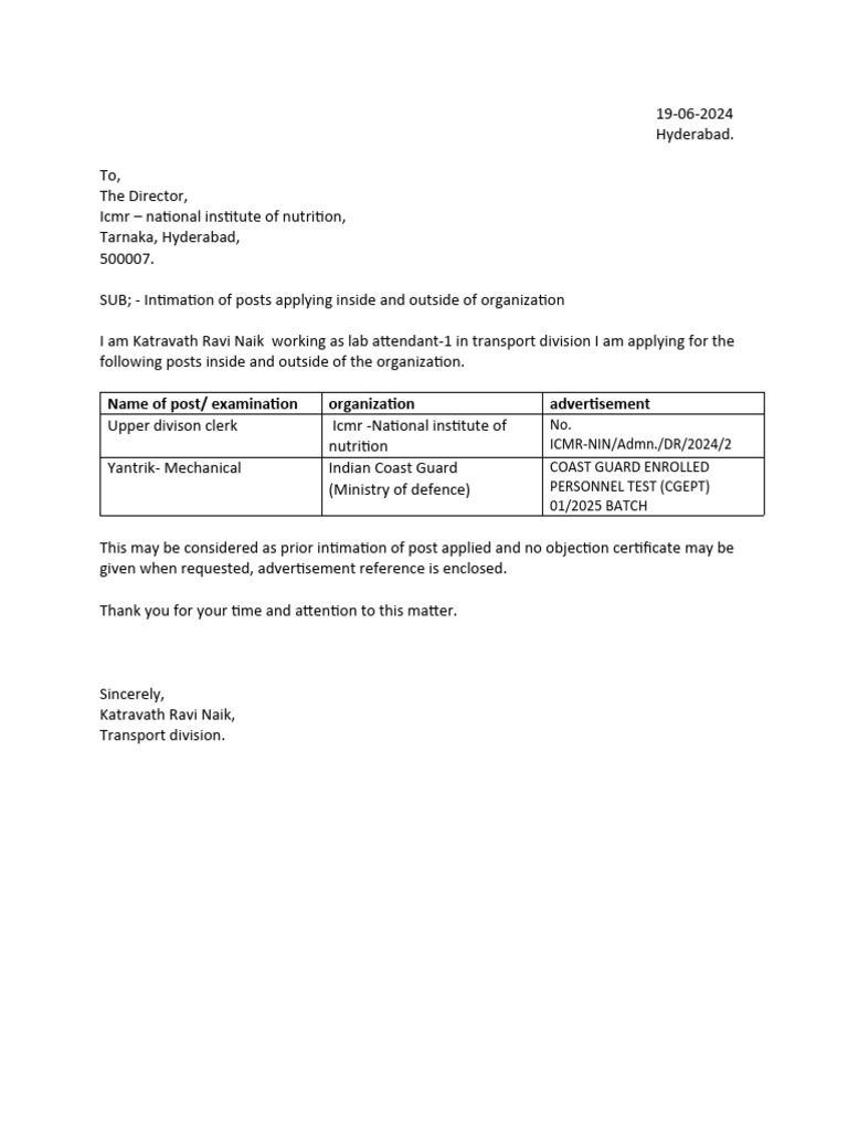 Job Application Intimation Letter | PDF