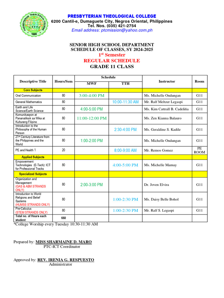 Shs Grade 11 Schedule 2024 2025 | PDF