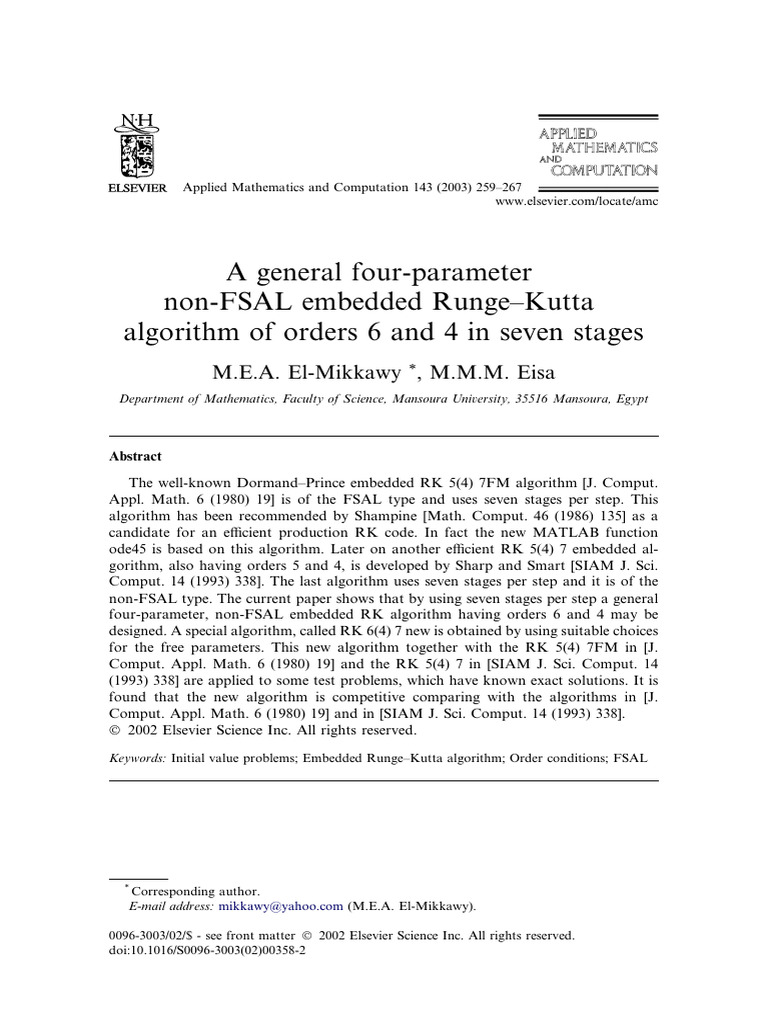 A General Four-Parameter non-FSAL Embedded Runge-Kutta Algorithm of Orders 6 and 4 in Seven ...