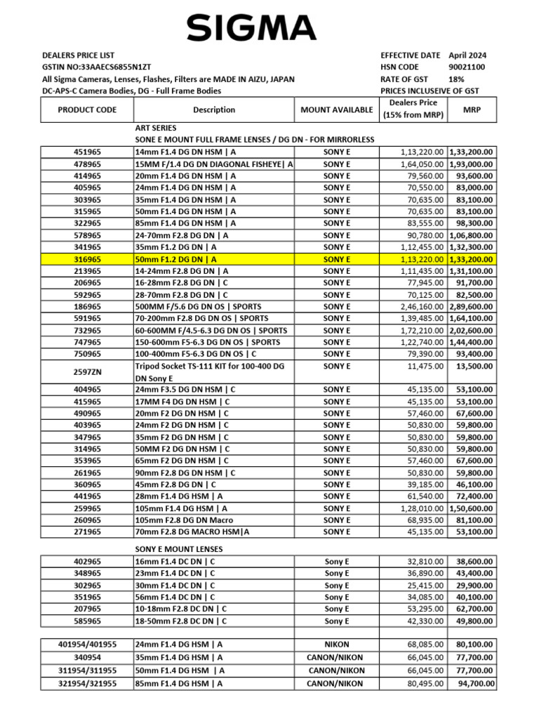 Sigma Price List 2024-25 | PDF | Nikon | Payments