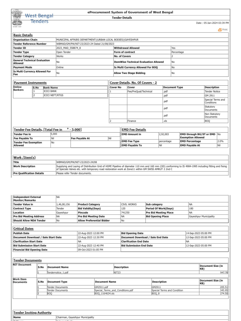 West Bengal eProcurement Tender Notice | PDF | Economies | Money