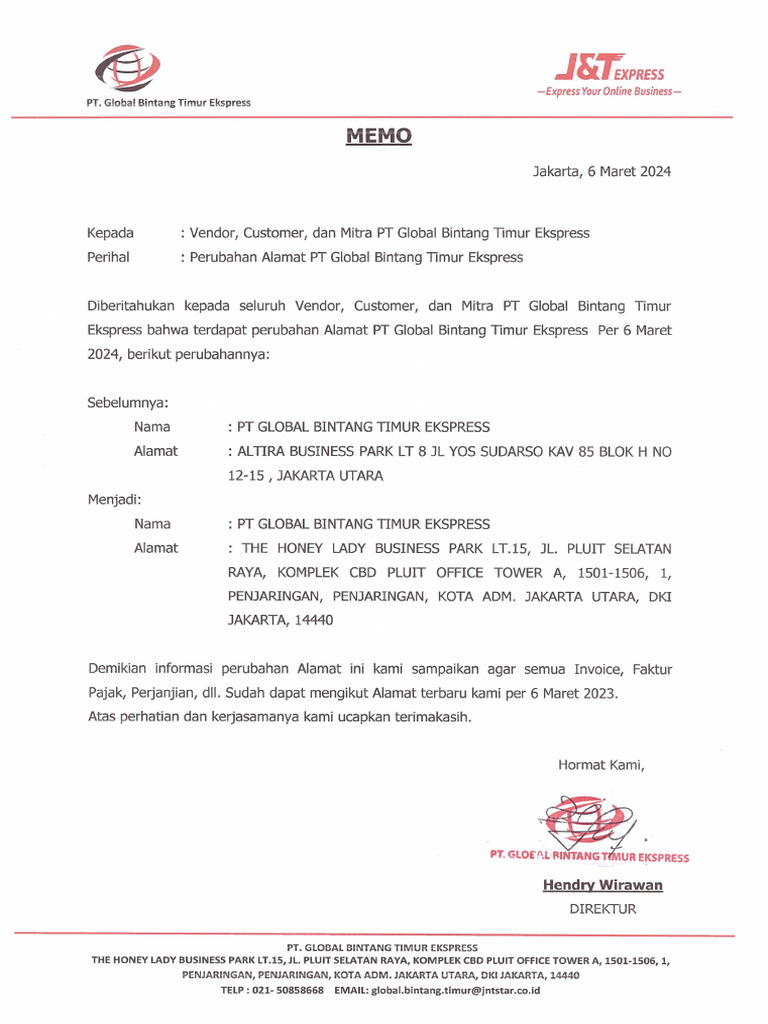 MEMO Perubahan Alamat PT Global Bintang Timur Ekspress | PDF