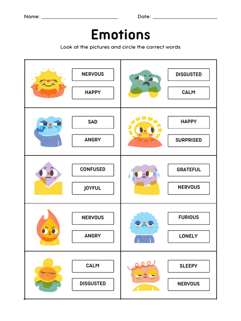 White Colorful Playful Emotions Vocabulary Worksheet | PDF