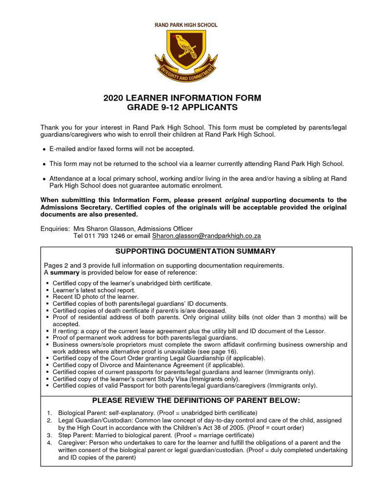 Learner Information Form Grades 9 12 - 2020 | PDF | Parent | Travel Visa